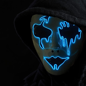 Wetufin Halloween Purge Mask Led Light Up Mask Scary Mask Glow Mask EL Wire LED Mask for Festival Party Gifts Couple Mask, Purge Mask for Kids Man Woman Adult, Blue