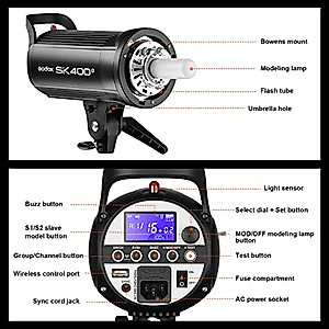 Godox SK400II 400Ws GN65 5600K Studio Strobe Flash Monolight Light for Studio Shooting,with Built-in Godox 2.4G Wireless X System,150W Modeling Lamp(Bowens Mount)