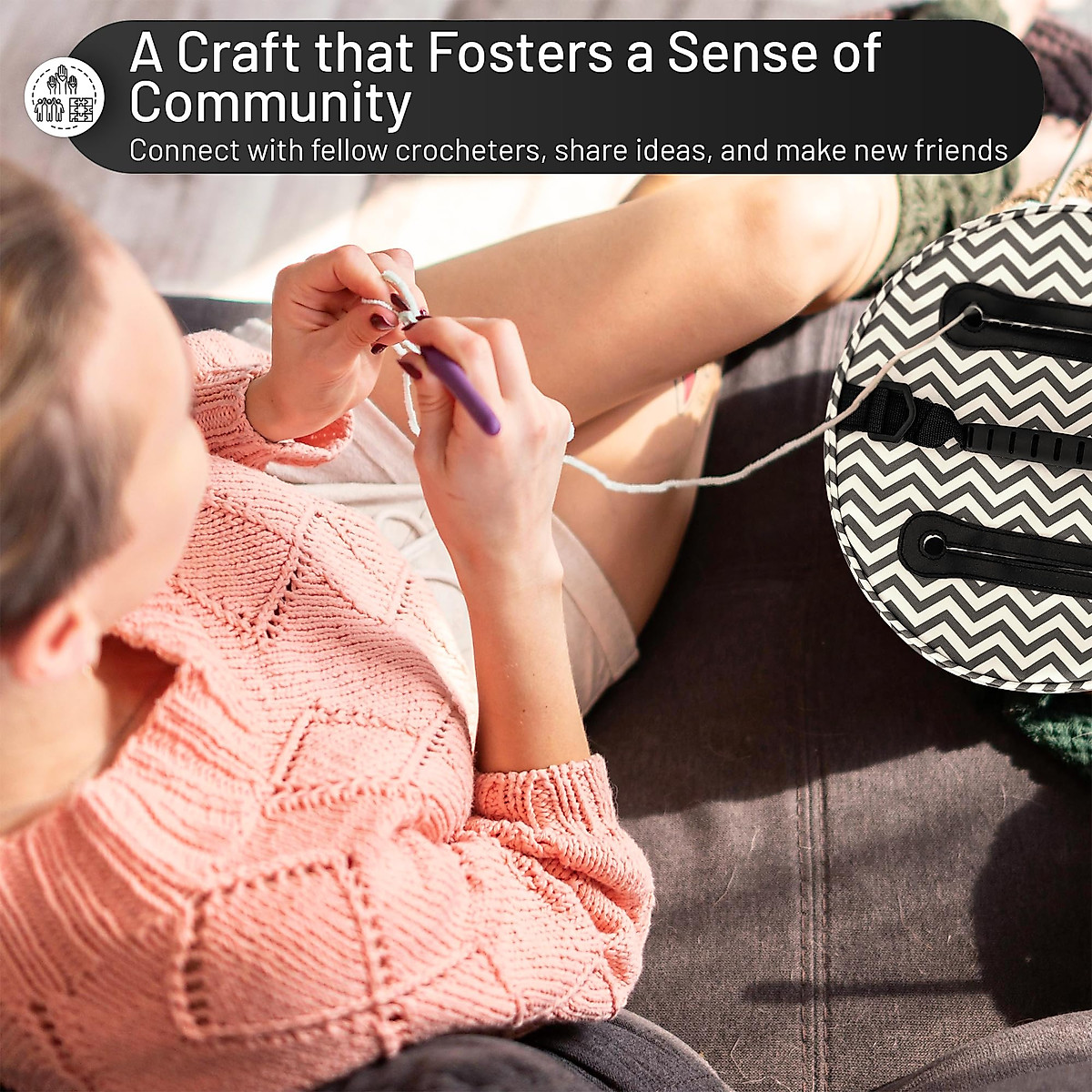 MOMOTOYS Crochet Bag Organizer - Crochet Bag for Yarn, Crochet Organizer for Knitting Accessories and Supplies, Yarn Storage Organizer, Durable Crocheting Bag, Zigzag Gray