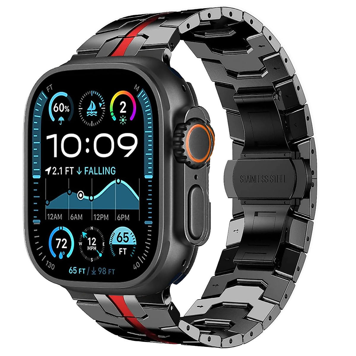 WINGLE Metal Band for Apple Watch Band Ultra 2/Ultra Band 49mm Men, Series 10 46mm, 9/8/7 45mm, SE/6/5/4 44mm, 3/2/1 42mm, Stainless Steel Bands with Folding Clasp iWatch Strap Bracelet, Black/Red