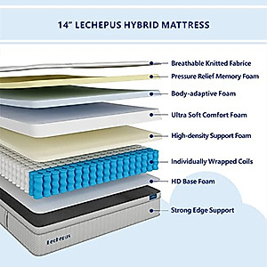 Queen Mattress,Lechepus 14 Inch Hybrid Memory Foam Mattresses with Individual Pocket Springs,Mattress in Box,Plush Comfortable Mattress for Cool Sleep & Back Pain Relief,CertiPUR-US Certified