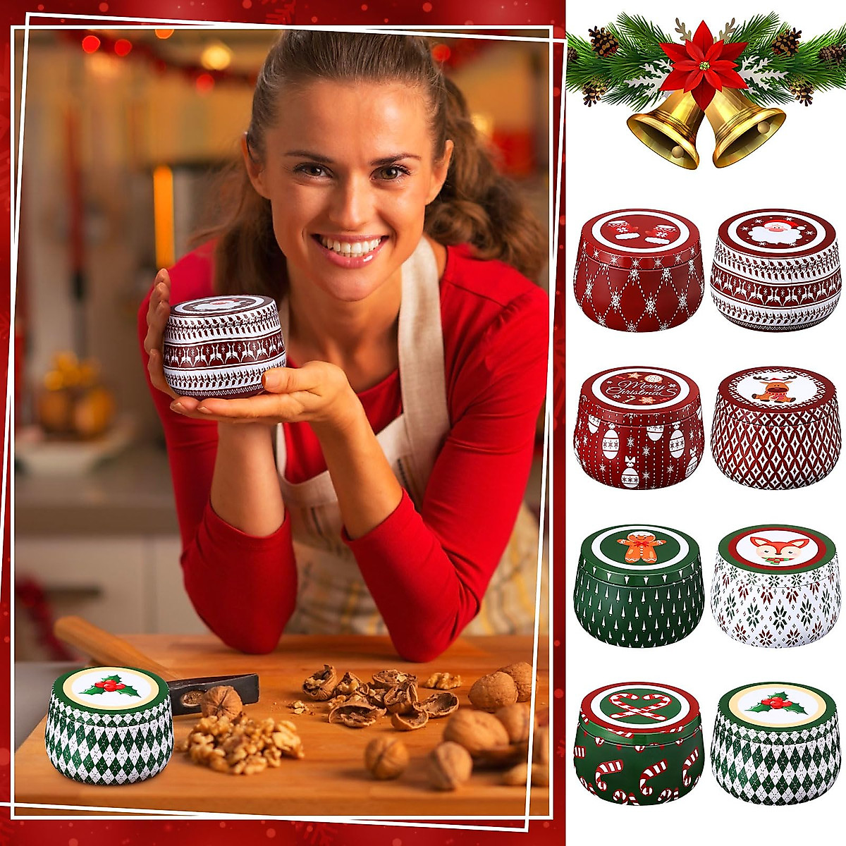 Uiifan 48 Pcs Christmas Candle Tins Cookie Tins Metal Candles Tin Gifts Jars with Lids 8 oz Candy Tinplate Retro Tins Round Containers for Candle Holiday Gift Giving Treat Biscuits Party Favors