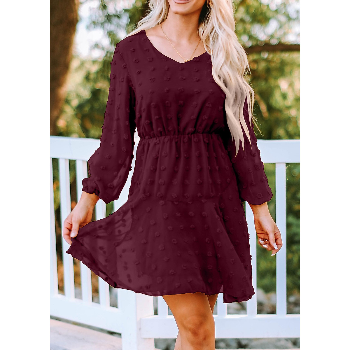 KIRUNDO Womens Spring Dresses 2024 Fashion Casual Long Lantern Sleeve V Neck Cute Swiss Dot Mini Wedding Guest Dress(Style2-Wine Red, X-Large)