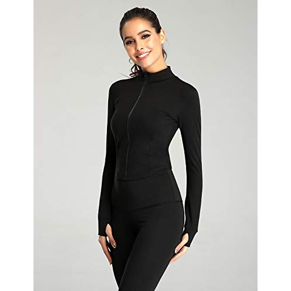 Gacaky Women's Athletic Jacket Lightweight Full Zip Up Yoga Jacket Cropped Workout Slim Fit Tops with Thumb Holes Black M