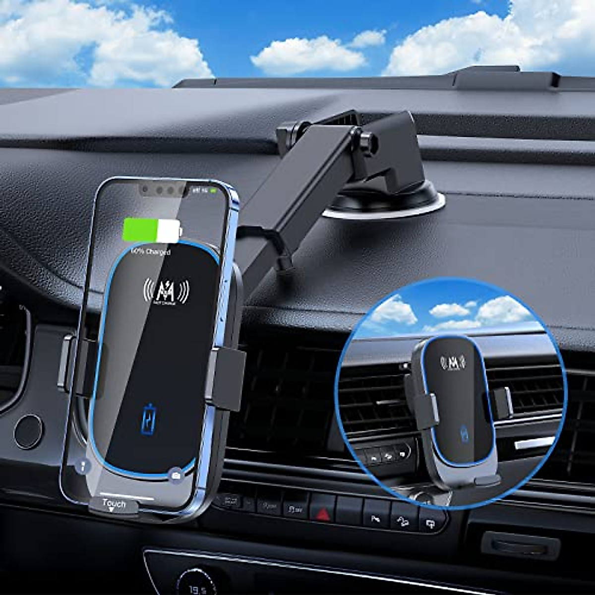 KKM Wireless Car Charger, 15W Qi Fast Charging Auto-Clamping Wireless Car Charger Mount, Air Vent Dashboard Car Phone Holder Compatible with iPhone 14 Pro/14 Pro Max/14/14 Plus/13/12/11/X/XS Max