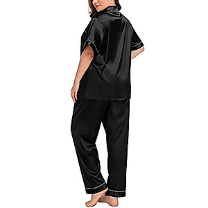 SWOMOG Women's Plus Size Pajamas Silk Satin Pajama Set Short Sleeve Shirt with Full-Length Pants Pj Set Soft Sleepwear 22W Black