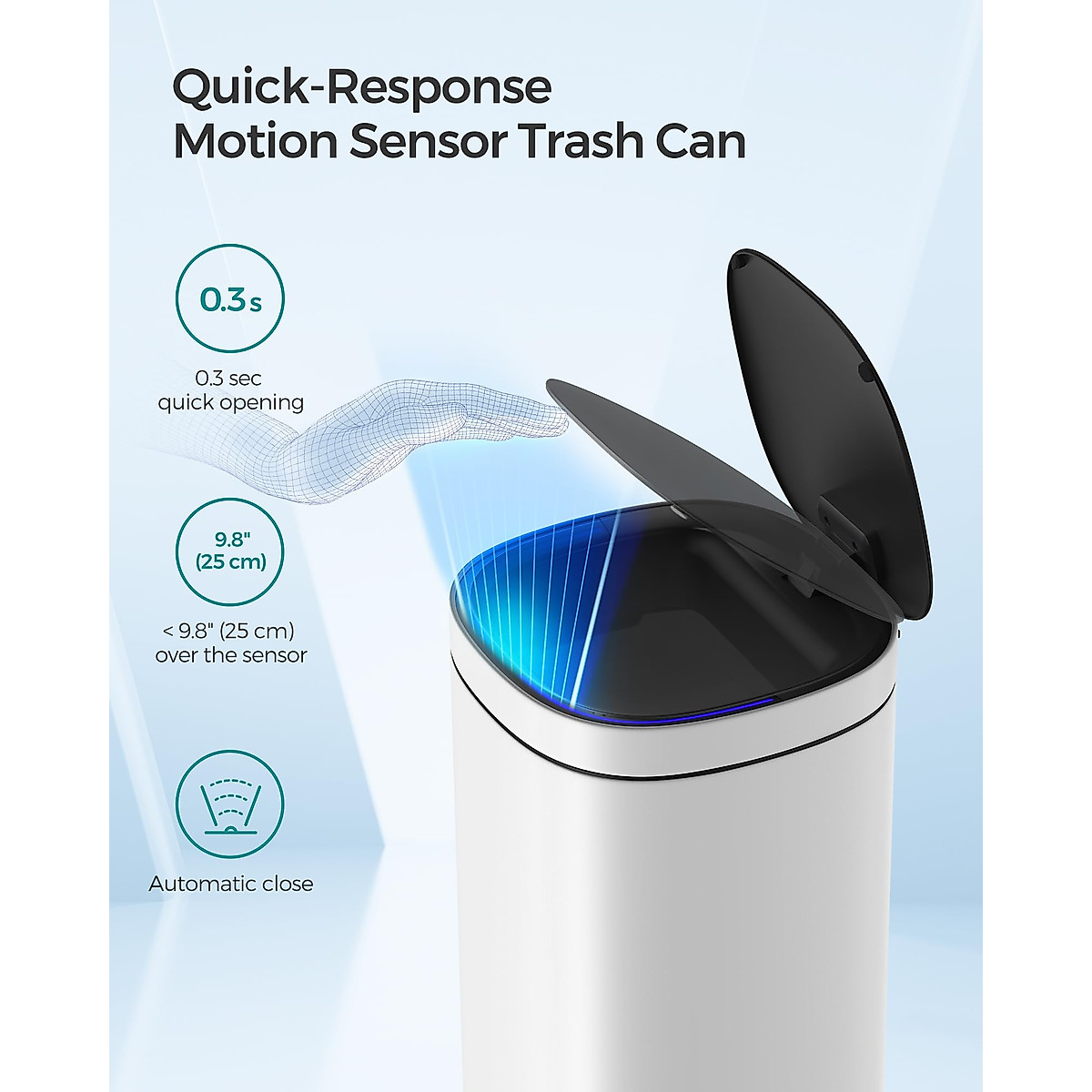 SONGMICS Motion Sensor Trash Can, 13 Gallon Automatic Kitchen Garbage Can, Multi-Colored Indicator Lights, Ozone Odor Control, Stay-Open Lid, Tall, Stainless Steel, White ULTB620W50