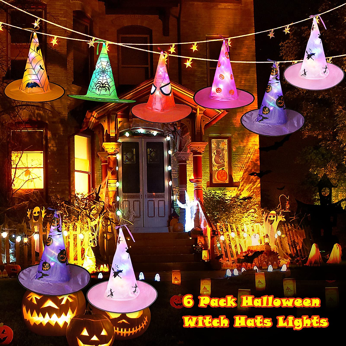 Party Hats Lights Witch Hats Decorations, 6pcs Hanging or Wearing Hat Lights Waterproof Witch Hats Decor for Halloween Party Home Garden Yard Decoration