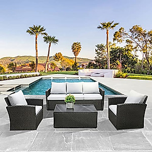 Green4ever Wicker Patio Furniture Set,4 Pieces Outdoor Conversation Set with Tempered Glass Coffee Table and Thick Cushion, Rattan Couch Sofa Armchair Seat for Garden Backyard, Grey