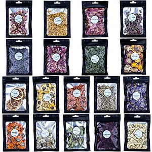 Dried Flowers, 18 Pack Natural Dried Flower Herbs Kit for Bath, Bomb, Soap, Resin, Candle Making, Include Rose Petals, Rosebuds, Lavender, Jasmine Flowers, Lily, Lemon Slice and More