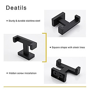 APLusee Double Robe Towel Hook, Stainless Steel Square Dual Coat Hook, Utility Bath Kitchen Storage Hanger Holder, Matte Black…