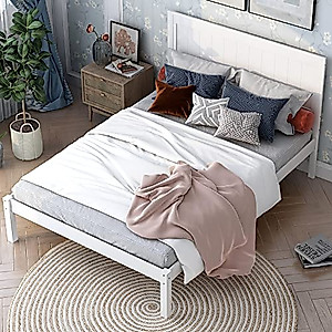 Merax Full Size Wood Platform Bed with Headboard, Wood Slat Support, No Box Spring Needed,Full Size Platform Bed,White