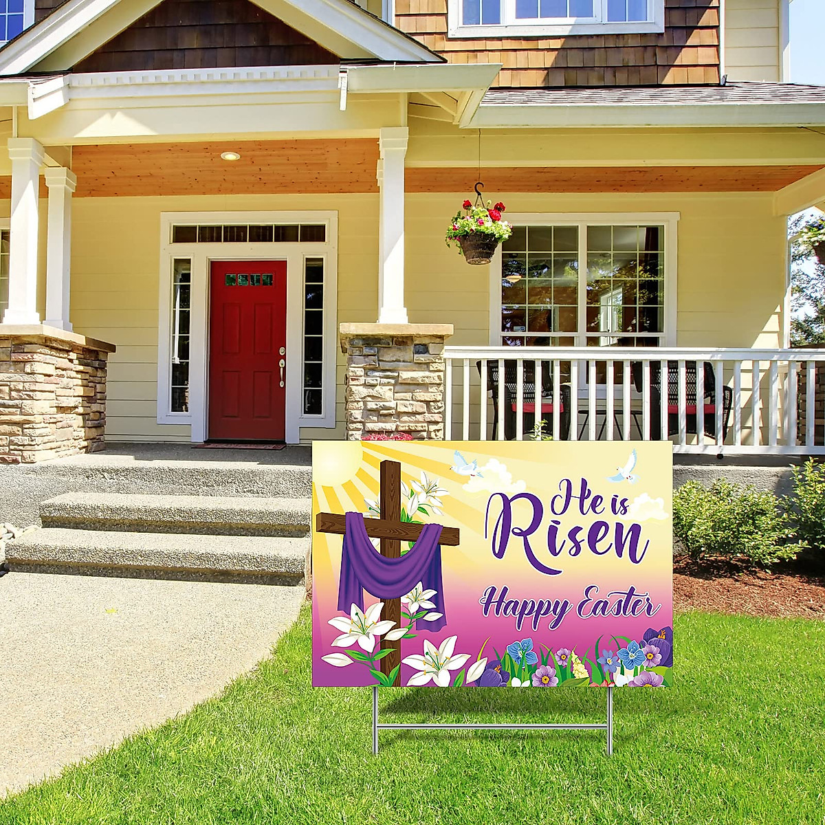 Easter Yard Sign Outdoor Decoration Happy Easter He is Risen Yard Sign Easter Lawn Signs Christian Holiday Party Yard Sign Easter Lawn Stake for Garden Yard Party Decorations Props (Bright Style)