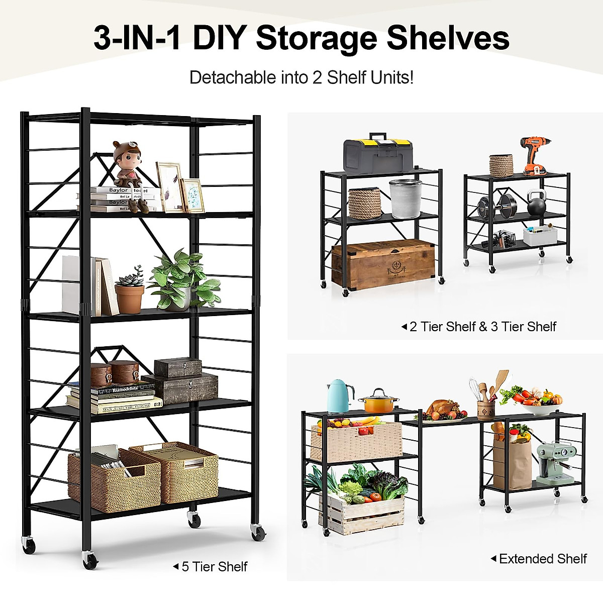 5 Tier Foldable Storage Shelves, Expandable Folding Shelving Units with Wheels, Changeable into 2 Shelf Units, Collapsible Adjustable Storage Rack Metal Shelves for Storage, Pantry, Garage, Kitchen