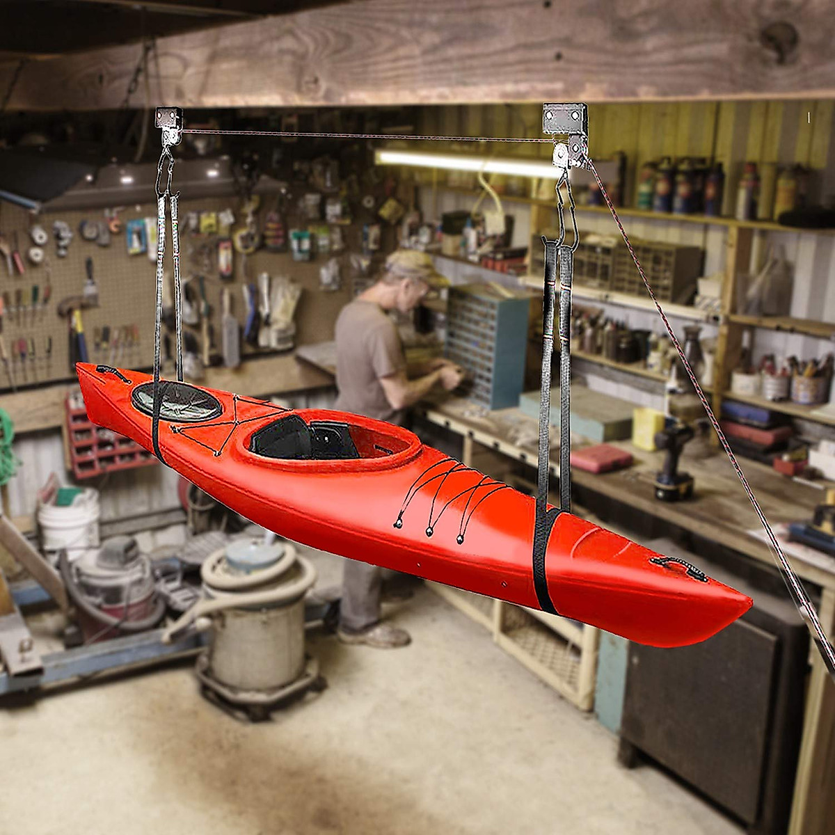 GREAT WORKING TOOLS Kayak Hoist - Kayak Storage Pulley System for Garage, 125 Pound Capacity Ceiling Mount Hoists for Kayak, Bicycle, Paddleboard, Canoe - Heavy Duty Kayak Accessories