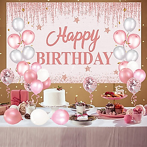 Pink Birthday Banner with Balloon Garland Arch Decorations Set, Pink Rose Gold Happy Birthday Backdrop Balloons Kit Party Supplies for Girls Women, Pink 16th 21st 30th 40th 50th 60th Bday Background