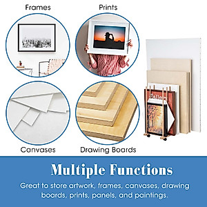 Large Art Storage Rack with Four Caster Wheels - Wooden Canvas Storage Stand Can Well Hold Up to 60" Drawing Boards, Prints, Panels, Paintings, and Artworks Display
