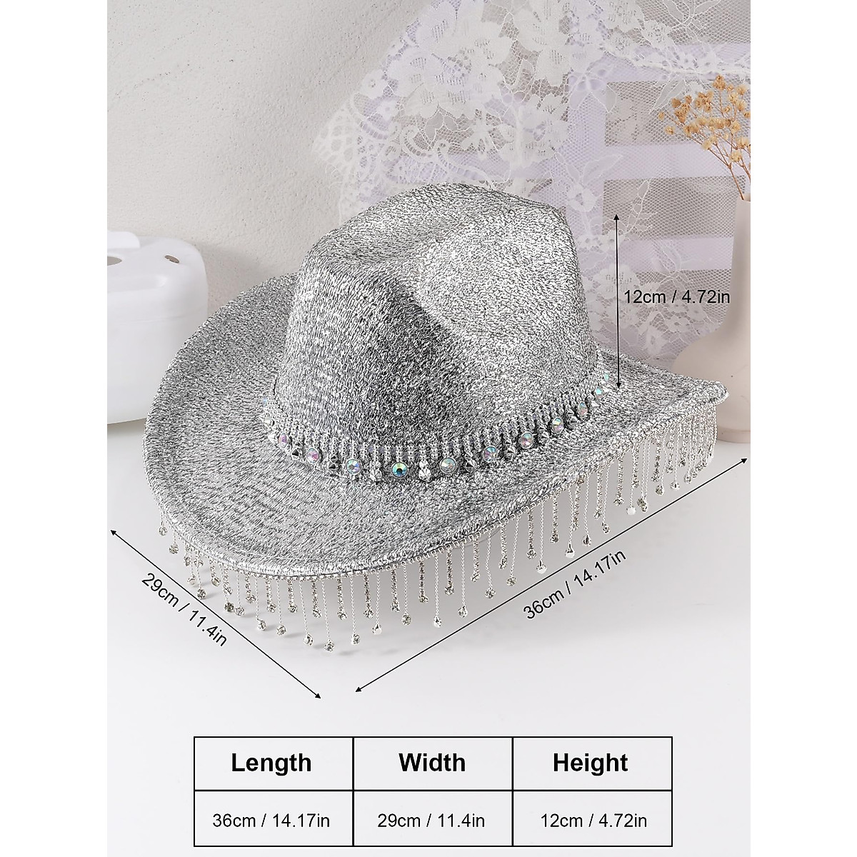 QWINEE Cowboy Hat for Adult Wide Brim Solid Color Western Cowboy Hat with Fringed Rhinestone Novelty Funny Party Cowgirl Hat Silver one-Size