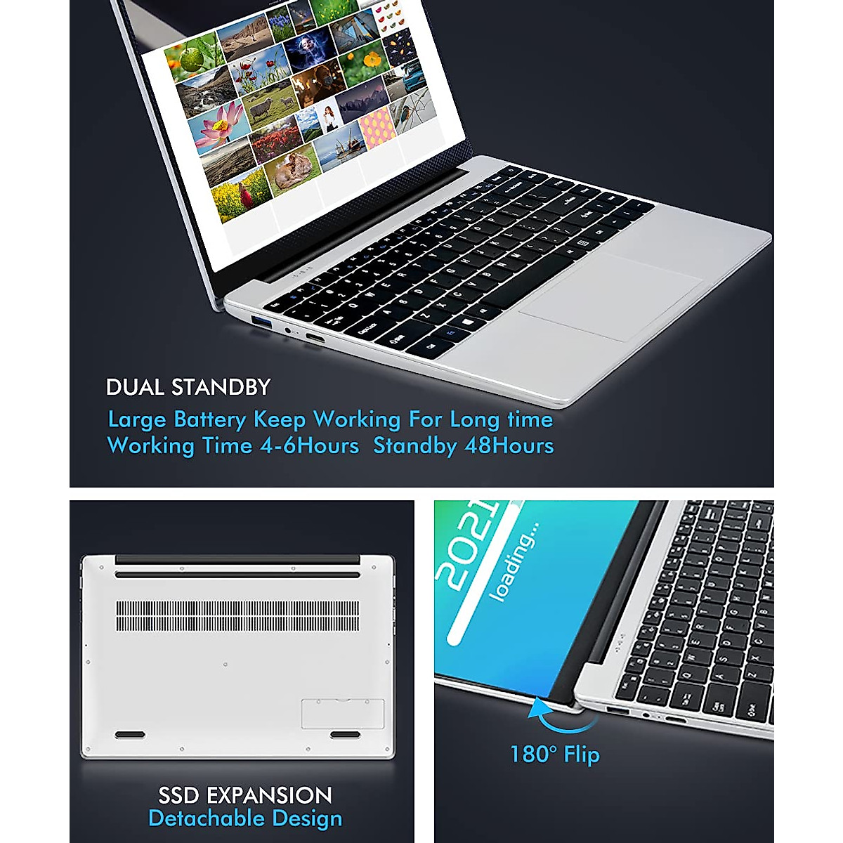 VGKE B14 Windows 10 Laptop, 14 inches Full HD 1920*1080 IPS 100% sRGB Display, Itel X7-E3950 Quad-Core, 6GB LPDDR3, 128GB SSD, Expandable 1TB, 4K, WiFi, BT4.0 (Silver)