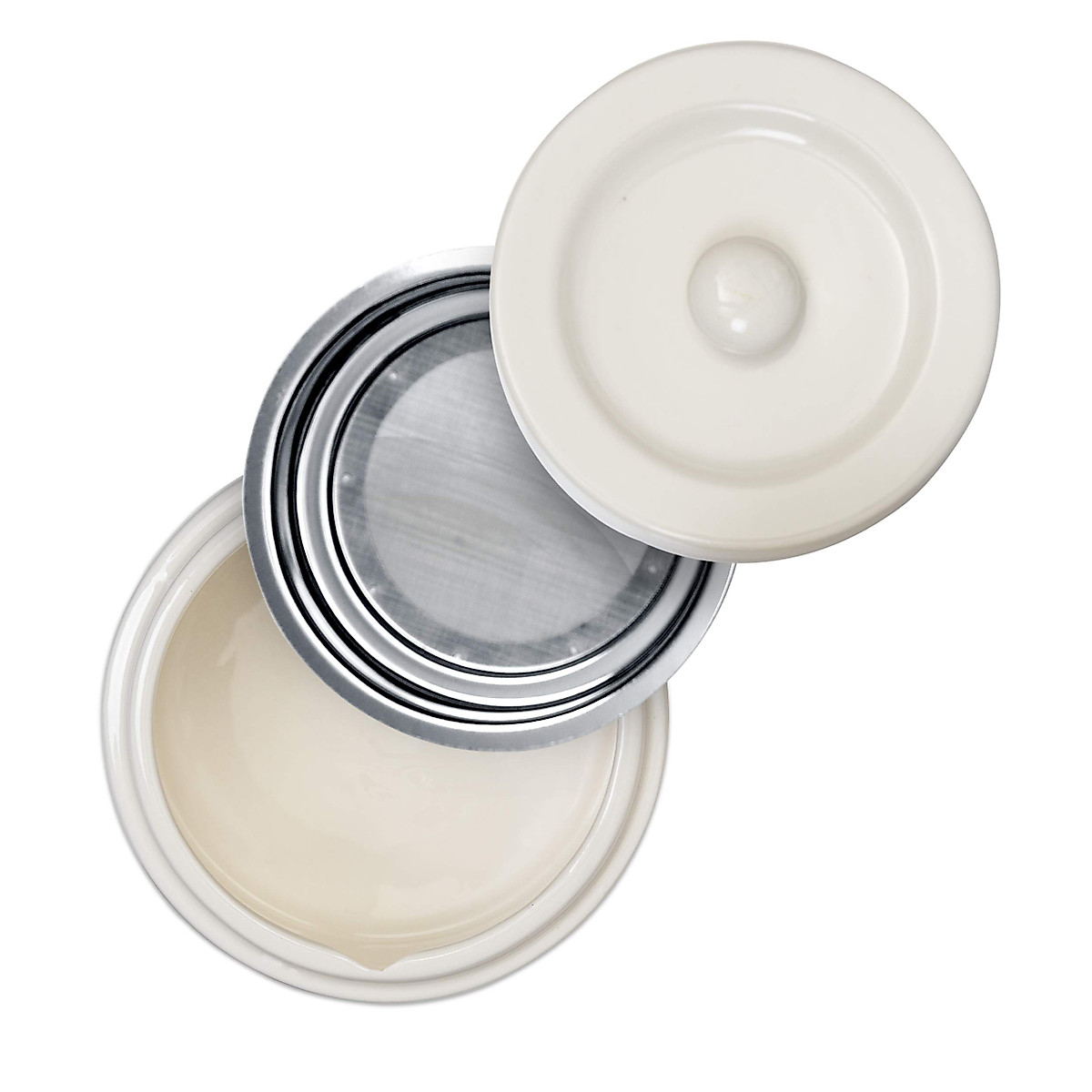 Ceramic Grease Container Keeper with Metal Stainless Steel Strainer and Lip for Easy Pour (Ivory)