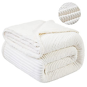 LBRO2M Striped Sherpa Fleece Bed Blanket Queen Size, Super Soft Fuzzy Plush Warm Cozy Fluffy Microfiber Couch Throw Velvet Double Reversible Luxurious Blankets (90x90),Ivory