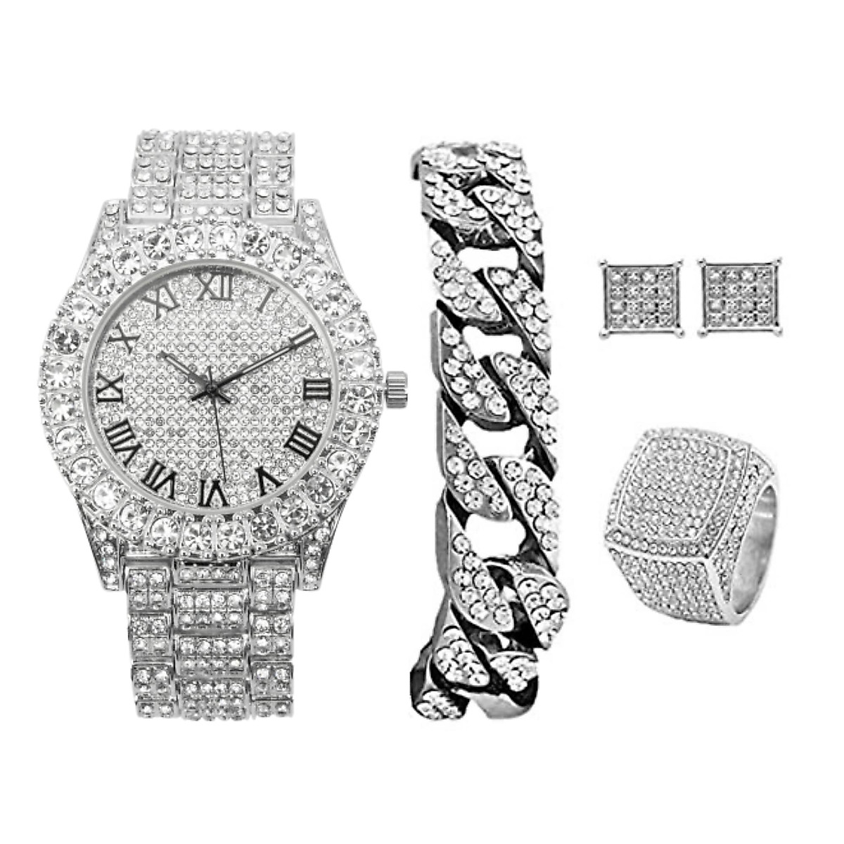 Bling-ed Out It's Lit! Hip Hop Watch & Jewerly Set w/Cuban Chain Bracelet, Kite Bling Earrings & Ring - GJM13 (9, ST10327RN SLV BLK R#)