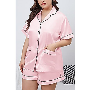 SWOMOG Women's Plus Size Silk Pajamas Button Down Top Pj Satin Shorts Loungewear 2 Pieces Short Sleeve Sleepwear with Pockets Pink
