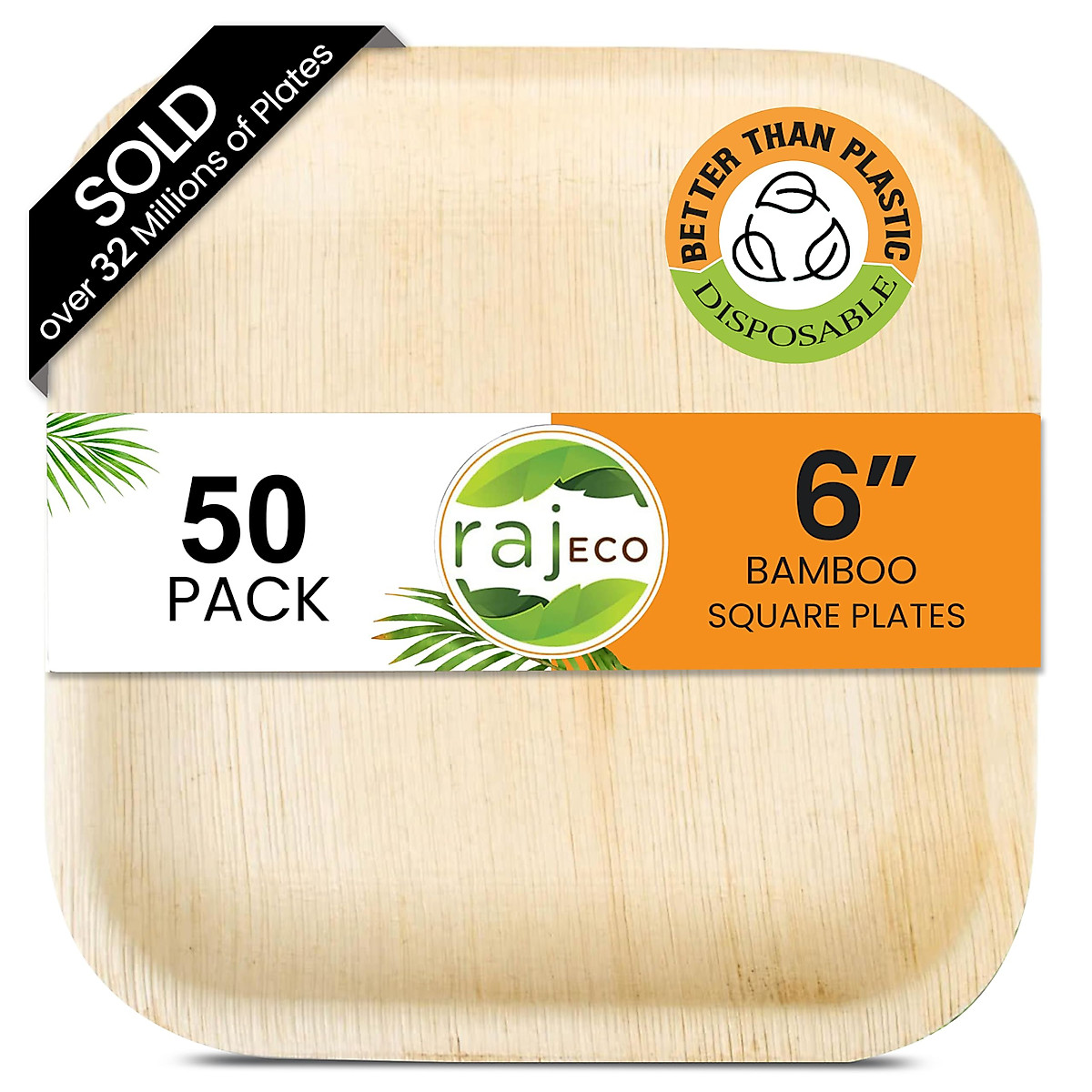 Raj Eco Compostable Palm Leaf Plates Like Bamboo Plates Disposable - 6 Inch Square 50 Party Plates, Natural Wooden, Eco-Friendly, Fancy Biodegradable & Disposable Dessert Appetizer Plates