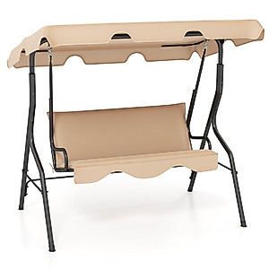 HAPPYGRILL 3-Person Patio Swing Chair, Outdoor Swing Glider with Adjustable Canopy and Removable Cushion, Porch Swing with Stand for Garden and Backyard, (Beige)