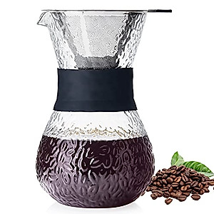 Pour over coffee maker,600ml/20oz Paperless Borosilicate Glass Carafe and Reusable Stainless Steel Permanent Filter,Manual Coffee Dripper Brewer with Protective Silicone Sleeve,Glass Coffee Pot