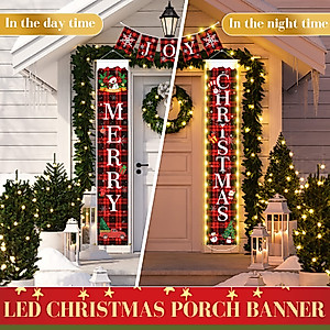 7 Pcs Merry Christmas Banner Lighted Front Porch Sign, Red Black Buffalo Plaid Porch Sign, Joy Merry Christmas Led Lights Door Banner, for Xmas Home Wall Door Yard Hanging Holiday Party Outdoor Decor