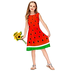 Girls Watermelon Dress Summer Sleeveless Tank Dress Fruit Printed Twirl Skater Flowy Dress 5-6 Years