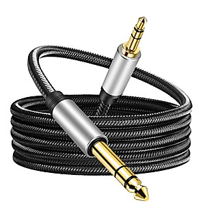 3.5 mm to 6.35 mm Audio Cable 15Ft, Gold-Plated Terminal Silver Color Zinc Alloy Housing 3.5mm 1/8" Male TRS to 6.35mm 1/4" Male TRS Nylon Braided Stereo Audio Cable for Cellphone, Amplifiers(15Ft/5M)