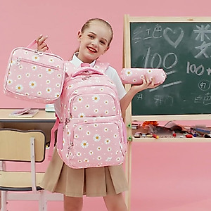 goldwheat Daisy Printed Backpacks With Lunch Pack Pencil Case 3pcs, Water Resistant Lightweight Bookbag For Middle School (Pink)