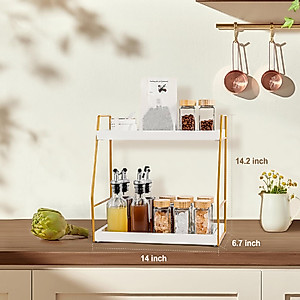 BYT Bathroom Organizer Countertop, 2-Tier Bathroom Organizer Tray for Counter with Basket, Vanity Organizer and Storage for Makeup Bedroom, Wood Spice Rack Organizer for Kitchen (Golden+White)