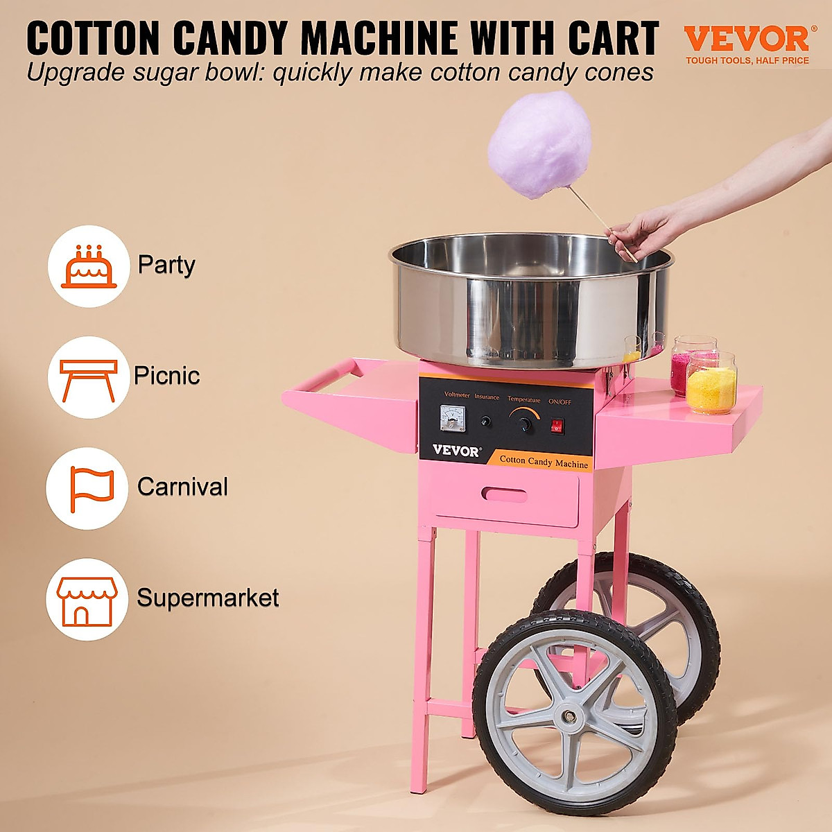 VBENLEM Commercial Cotton Candy Machine with Cart, Electric Floss Maker with Stainless Steel Bowl, Sugar Scoop and Drawer, for Family and Various Party, Pink