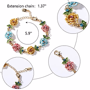 Puadun Elegant Cloisonne Flower and Leaf Bangle Bracelet with Sparkling Rhinestone Charm and Adjustable Extension Chain - Gift for Women, Comes in Gift Box