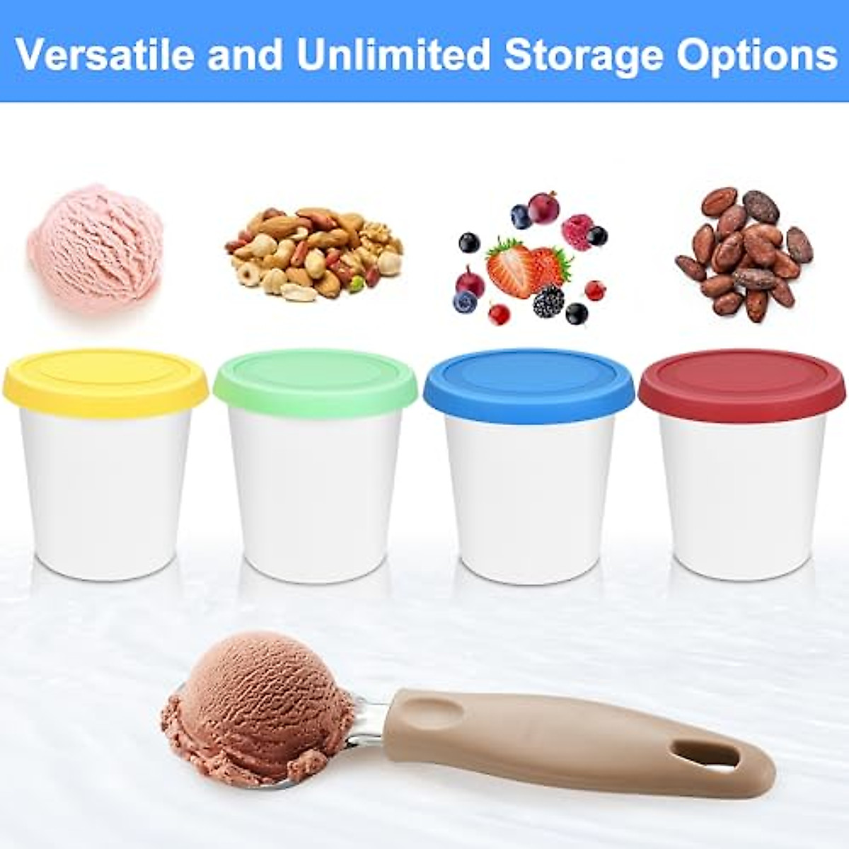 4 Pack Ice Cream Container Set (1 Quart Each) - Reusable Ice Cream Freezer Storage Tubs with Silicone Lids and an Ice Cream Scoop for Homemade Ice Cream, Sorbet and Gelato, Dishwasher Safe, BPA Free