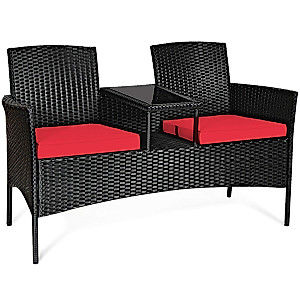 HAPPYGRILL Patio Loveseat Rattan Wicker Loveseat with Coffee Table, Outdoor Conversation Sofa Furniture with Cushions for Garden Lawn Backyard Porch