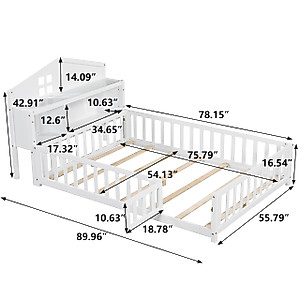 DEINPPA Full Size Floor Platform Bed with Storage Shelf and Openable Gate, Montessori Kids Platform Bed Frame with Bookcase Headboard for Toddler Kids Child Boys Girls- White