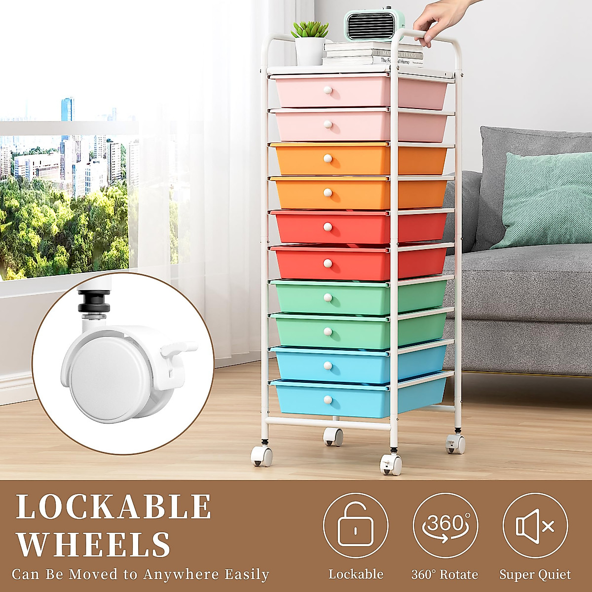 Rolling Storage Cart with 10 Drawers, Drawer Cart with All-Metal Frame & Lockable Wheels, Organizer Utility Cart with Handle for Crafts, School Teacher, Home, Office, Classroom, Macaron Color