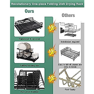 YUSHINDI 2 Tier Collapsible Dish Drying Rack for Kitchen Counter，Stainless Steel Dish Racks ，Space-Saving & Multipurpose，Dish Rack for Kitchen Counter with Utensil Holder,， Large-Capacity, Black
