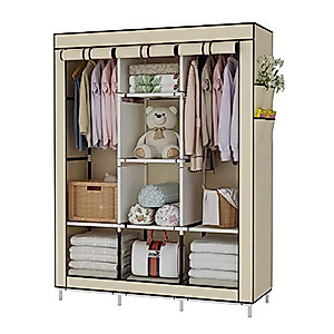 UDEAR Portable Wardrobe Closet Clothes Organizer No-Woven Fabric Cover with 6 Storage Shelves, 2 Hanging Sections and 4 Side Pockets，Beige