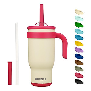 BJPKPK 18 OZ Insulated Travel Tumbler with Handle and Straw, Stainless Steel Water Bottle, Double Wall Vacuum Insulated Mug, for Work, Car, Travel, Cream