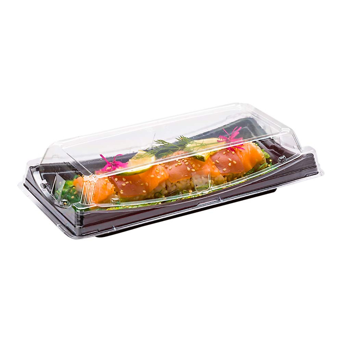 Restaurantware Roku 9.75 x 4.75 Inch Sushi Trays 100 Disposable Sushi Containers With Lids - Long Take Out Containers For Appetizers Entrees or Desserts Black Plastic To Go Containers