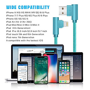 Jeercor Lightning Cable 10FT MFi Certified iPhone Charger 90 Degree Nylon Braided Fast Charging Long for iPhone 12/12pro/11/11pro/XS/MAX/XR/X/8P/8/7P/7/6（3-Pack）