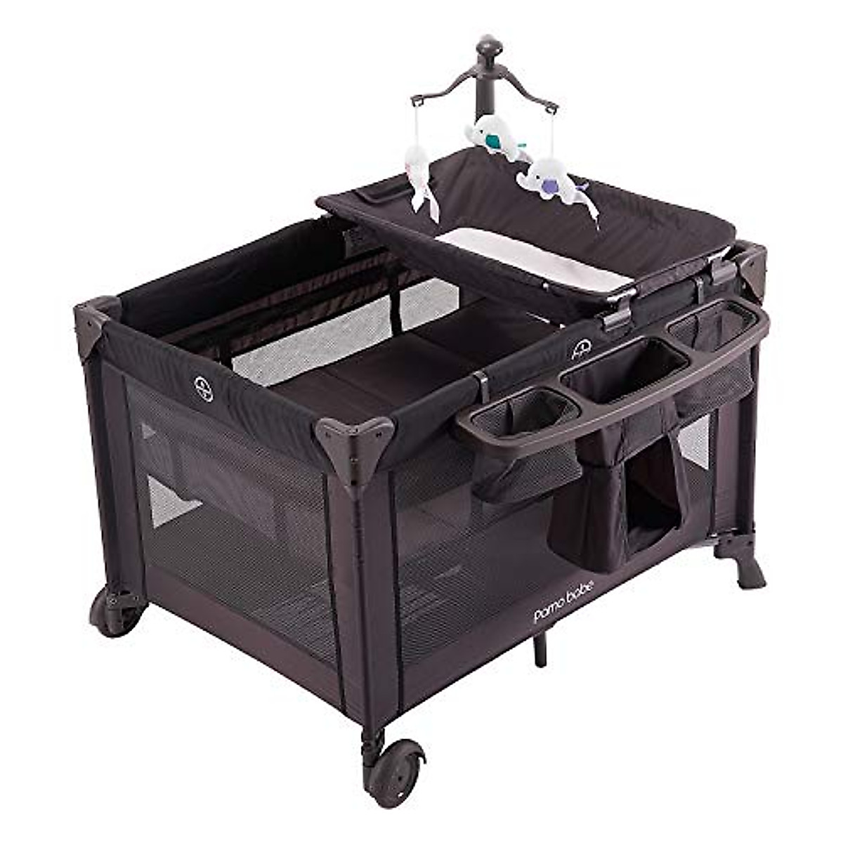 Pamo Babe 4 in 1 Portable Crib for Baby,Nursery Center with Removable Canopy, Changing Table, Lockable Wheels, Storage Bag