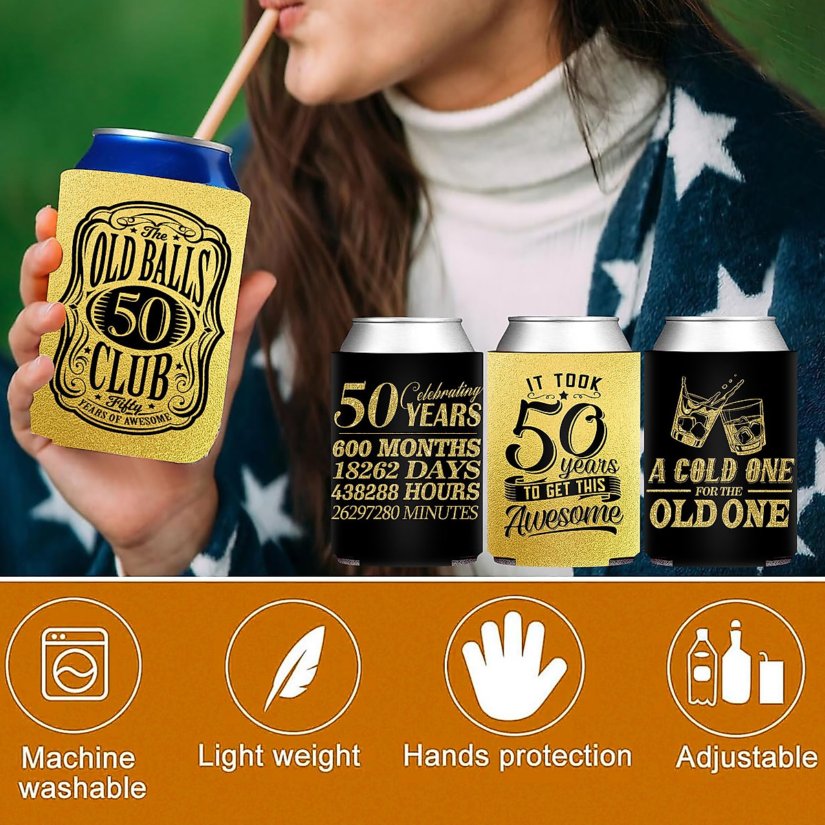 KARAQY 12 Pcs 50th Birthday Party Can Coolers - Black and Gold Cheers to 50 Years Can Sleeves, Happy 50th Birthday Decorations for Men Women 50th Birthday Party Supplies