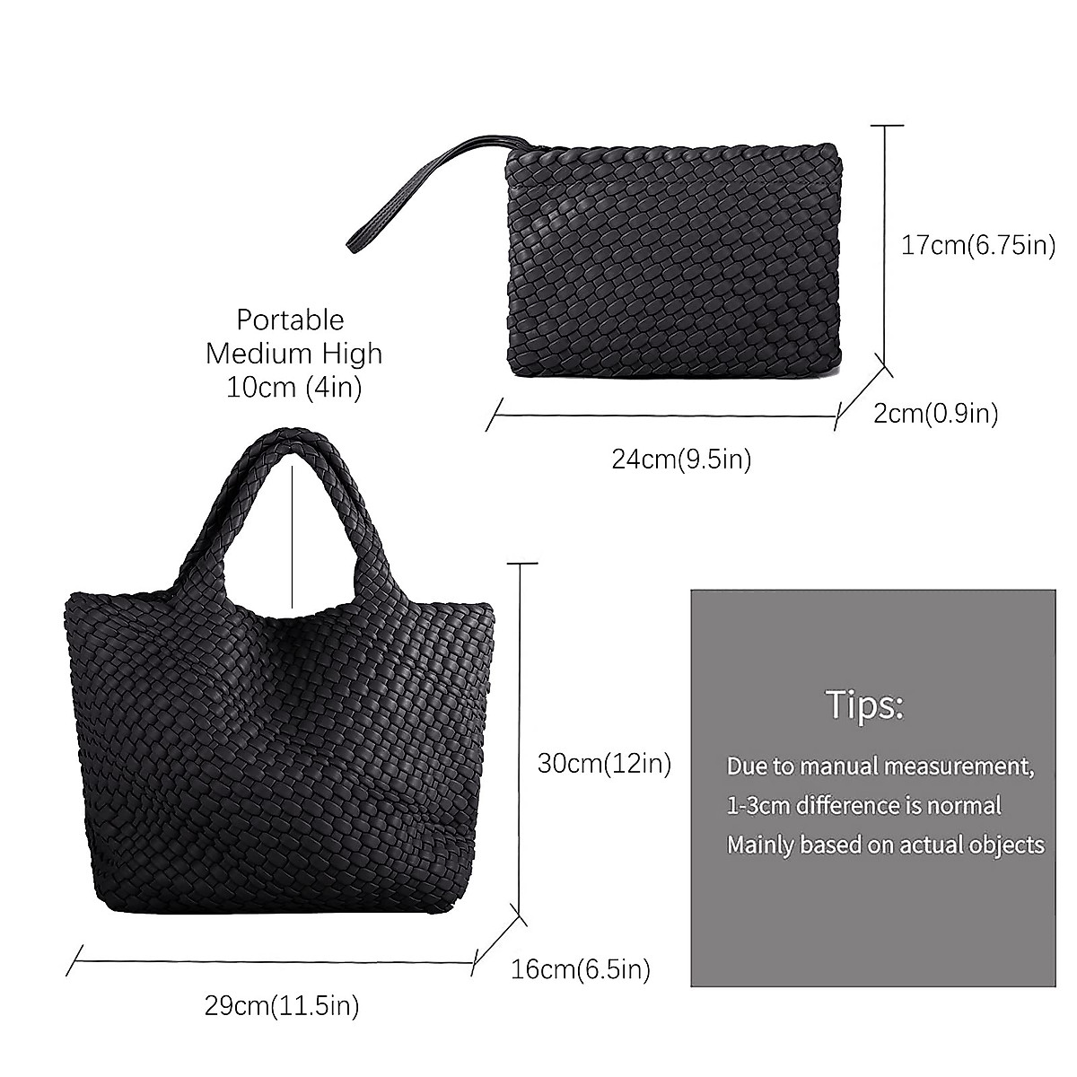 Woven Tote Bag, Women Macaron Soft Leather Weave Handbag Purse Wrist Bag Large Capacity Work Shopping Travel Daily (Black)