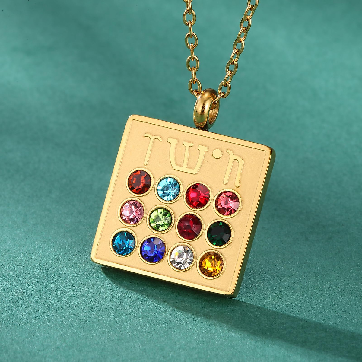 LIKGREAT Hebrew Inscription Birthstone Necklace 12 Tribes of Israel Breastplate Amulet Pendant Judaic Hoshen High Priest Jewelry (gold tone)